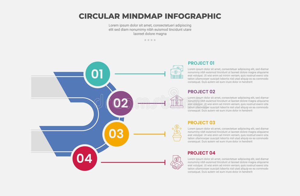 Circular Mind Map Infographic Outline Style with 4 Point Template with Creative Half Circle with ...