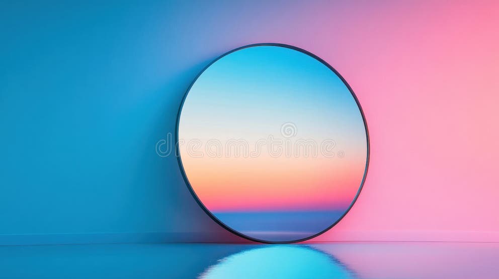 Circular Mirror Reflecting Pink and Blue Gradients in Minimalist ...