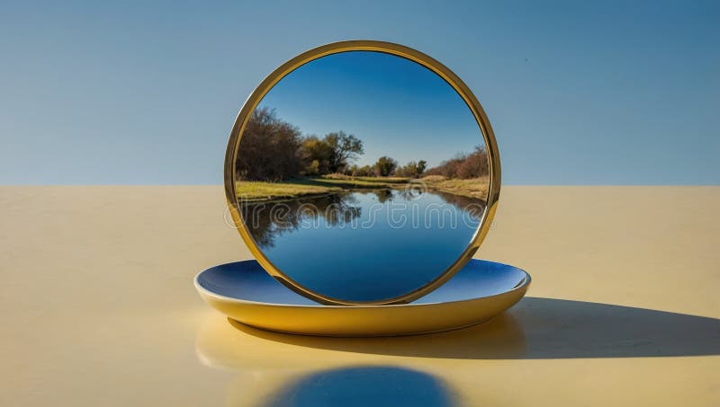 Circular Mirror Reflecting Scenic River Landscape on Minimalistic ...