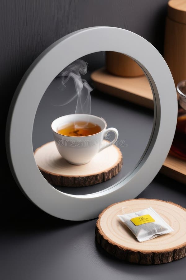 Circular Mirror Reflecting Teacup and Steam on Warm Wooden Surface ...