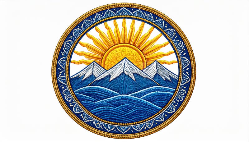 Circular Mountain Sun Design with Gold Frame Stock Illustration ...