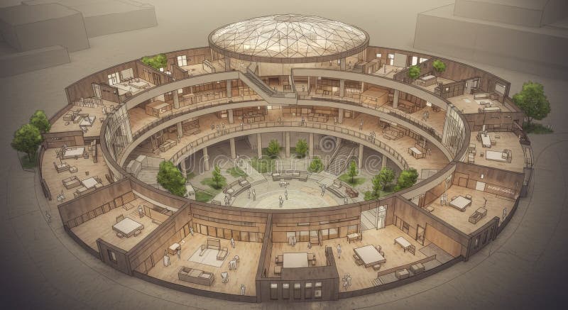 Circular Multilevel Home Design with Courtyard Stock Illustration ...