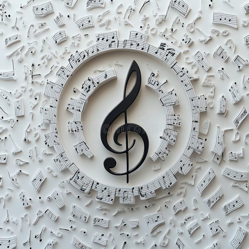 Circular Musical Design with Treble Clef and Scattered Notes Stock ...