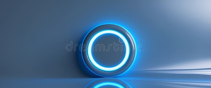 Circular Neon Light Button with Blue Glow on a Sleek Surface Stock ...