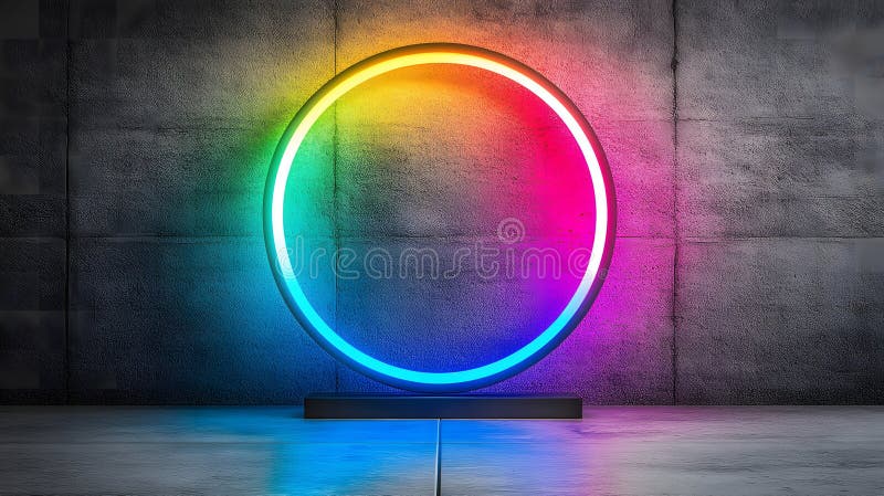 Circular Neon Light with Rainbow Colors Against a Concrete Wall in a ...