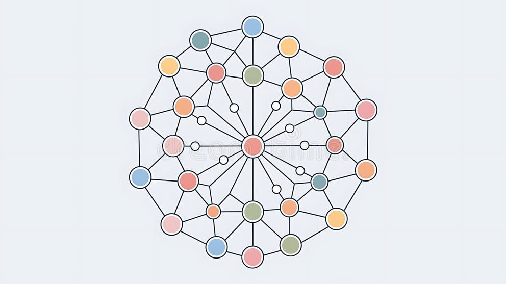 Circular Network Diagram Showing Interconnected Pastel Nodes and ...