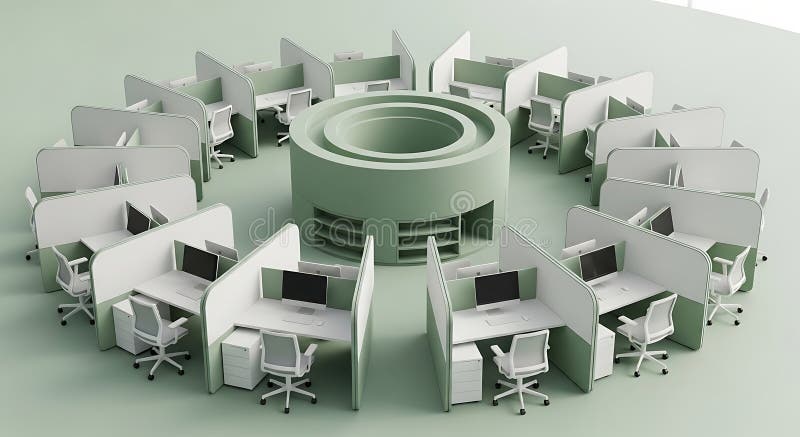 Circular Office Cubicle Arrangement with Central Hub, Modern Workspace ...