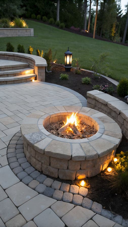 Circular Outdoor Stone Paver Firepit with Fire Blazing Inside and ...