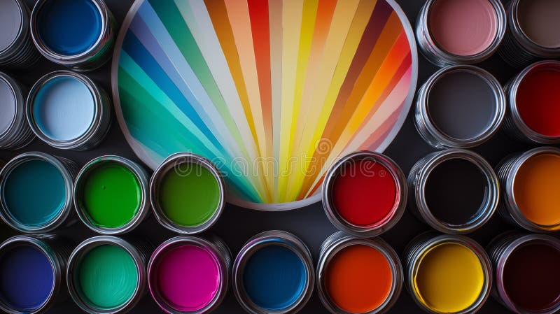 Circular Paint Cans and Color Swatch Gradient Top View Colorful Display ...