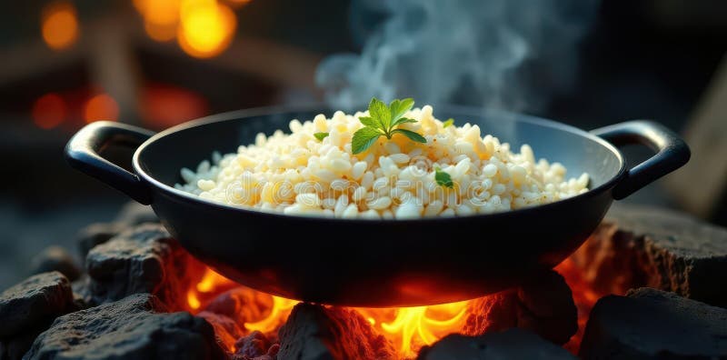 Circular Pan of Rice Simmering Over Open Fire Flames, Traditional ...