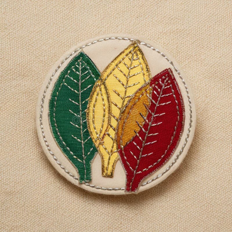 A Circular Patch with Three Overlapping Leaf Sewn Onto a Neutral Cream ...
