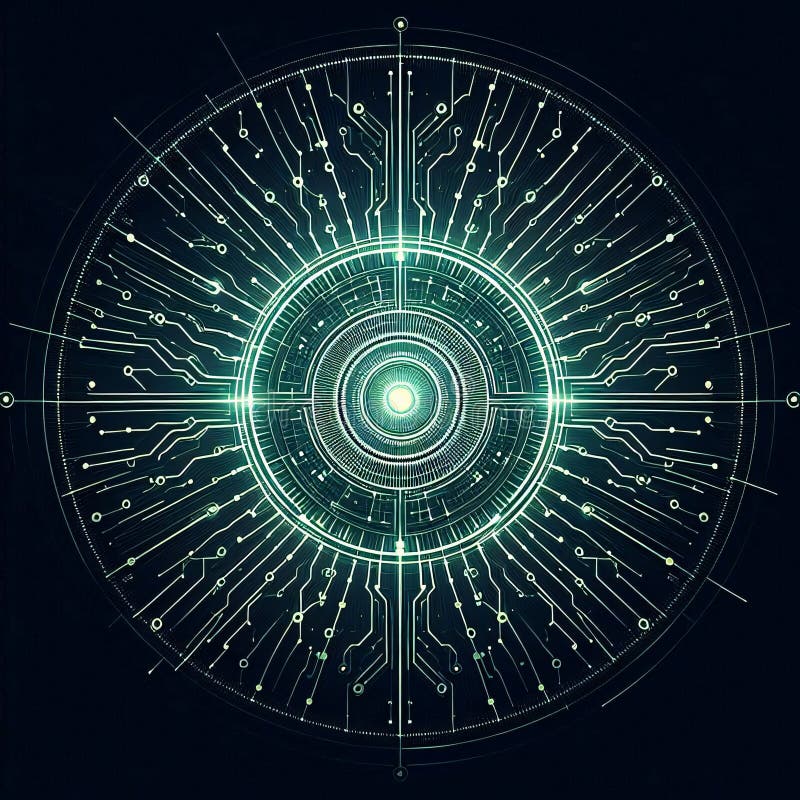 A Circular Pattern of Glowing Green Lines and Circuits on a Black ...