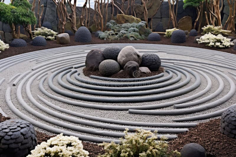 Circular Patterns Around Stones in a Zen Garden Stock Illustration ...