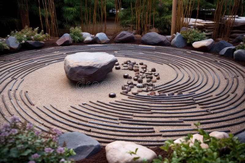 Circular Patterns Around Stones in a Zen Garden Stock Illustration ...