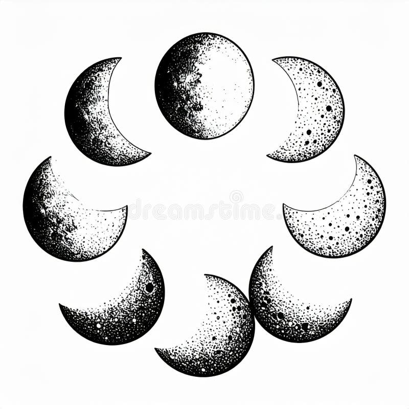 Circular Phases of the Moon Stipple Illustration Stock Illustration ...