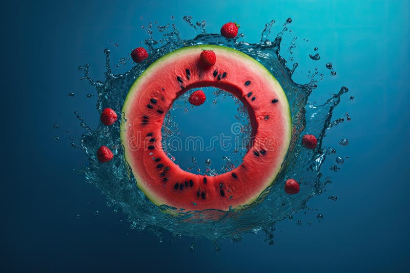 Circular Piece of Watermelon in a Splash of Water on a Blue Background ...