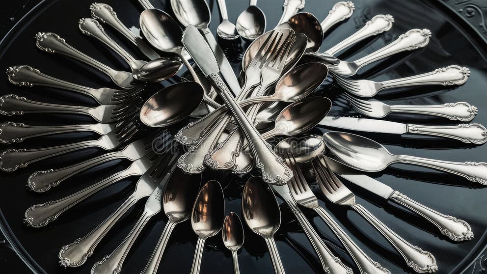 A Circular Plate with Silverware Arranged in a Circle, AI Stock Photo ...