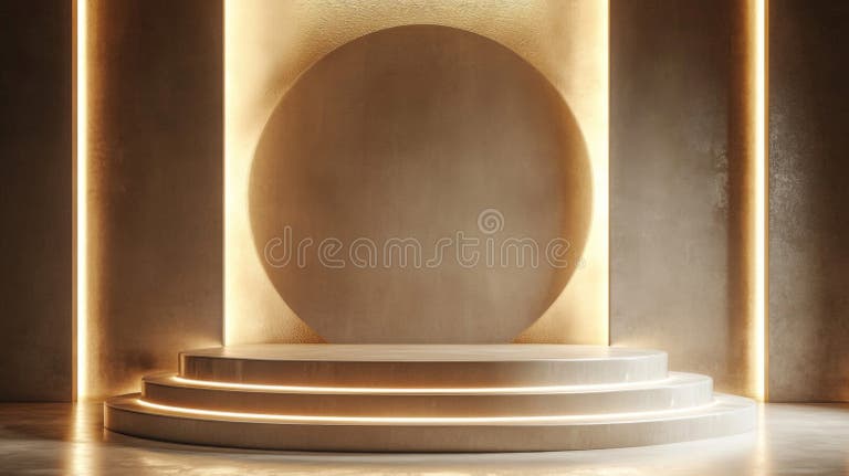 Circular Platform with Backlit Walls and a Large Circle Behind it Stock ...