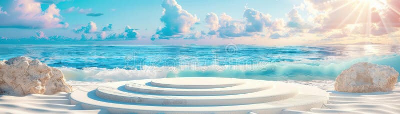 Circular Platform on a Beach with Ocean and Sky Background Stock ...