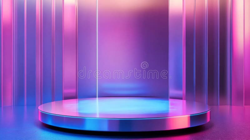 A Circular Platform with Blue Neon Light and a Purple Backdrop Stock ...