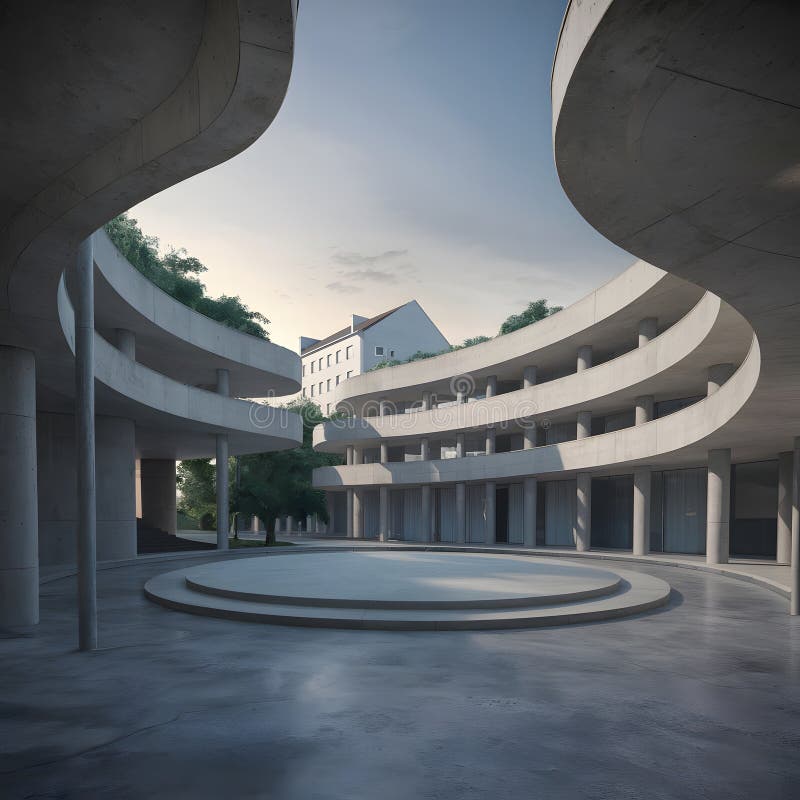 Circular Platform with Curved Concrete Structures, Soft Light, Serene ...