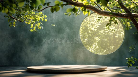 Circular Platform Display with Green Wall and Tree Branches Stock ...