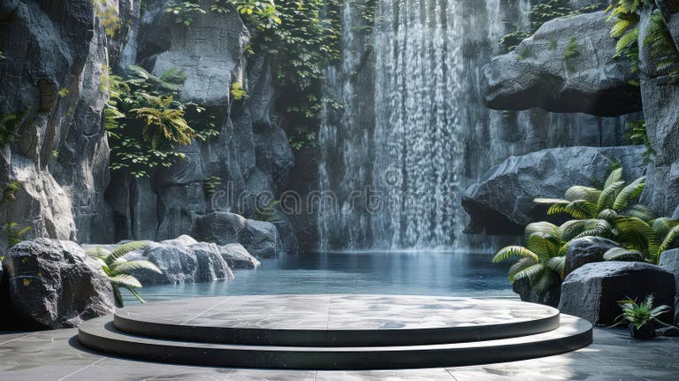A Circular Platform in Front of a Waterfall in a Lush, Green Jungle ...