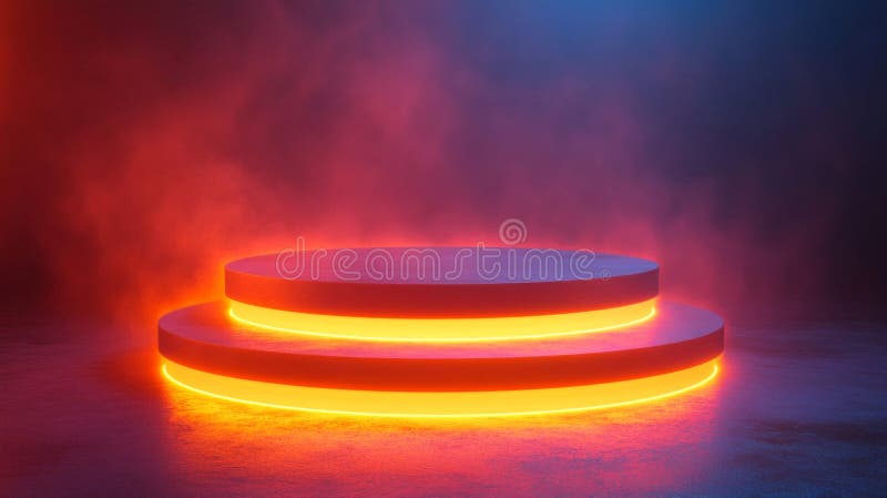 Circular Platform with Glowing Neon Lights in a Dark Smoky Setting ...