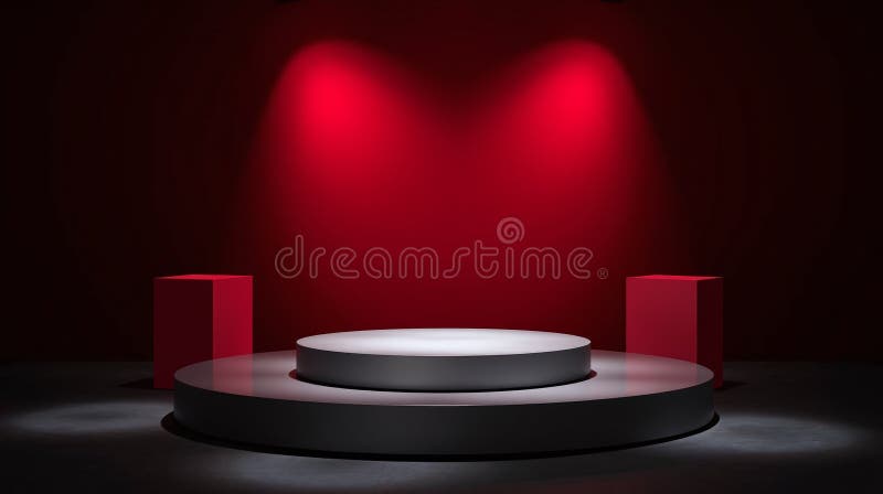 Circular Platform Illuminated by Dual Red Lights in a Dark Room Stock ...