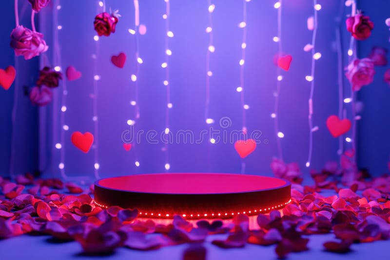 Romantic Led Platform with Hanging Hearts and Rose Petals Stock Image ...