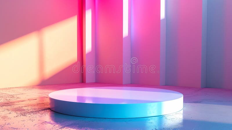 Brightly Lit Studio Space with a Circular Platform and Colorful ...
