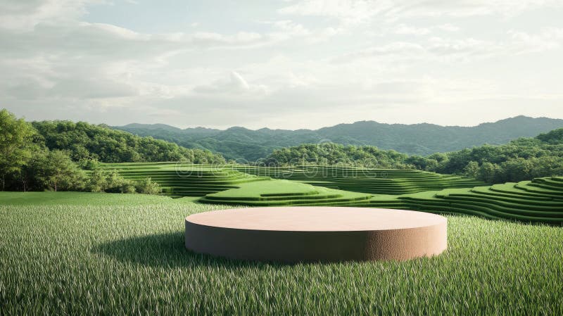 Circular Platform in Lush Green Terraced Fields with Mountainous ...