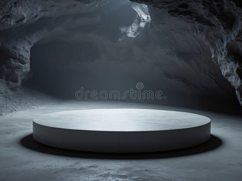 Circular Platform Middle Dark Cave is Made Concrete Empty Black Podium ...
