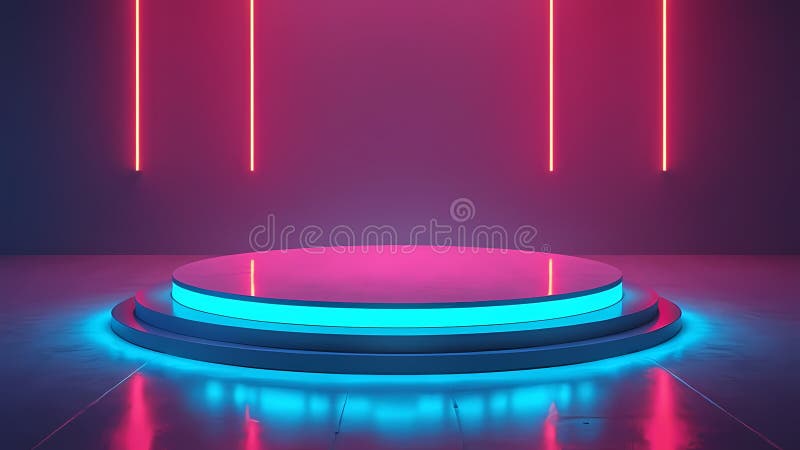 Circular Platform with Neon Tiers on Dark Background Stock Illustration ...