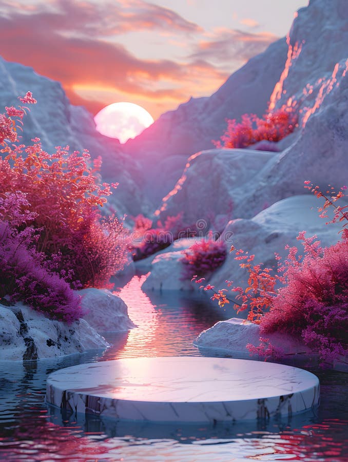 Circular Platform in River with Rocks, Flowers, Sunset Reflections on ...