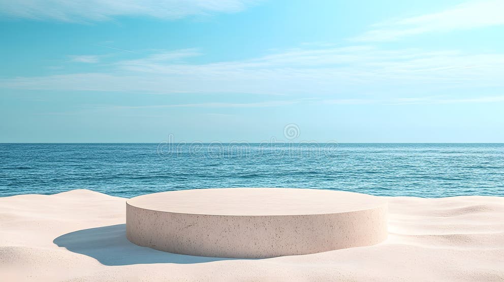 Circular Platform on Sandy Beach Overlooking Calm Ocean Under Bright ...