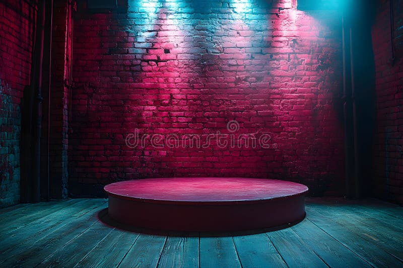 Vibrant Stage with Neon Lights Against Brick Wall for Performance Art ...