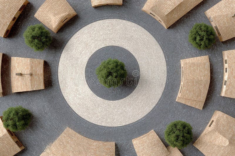 Circular Plaza Surrounded by Wooden Structures and Trees in a Peaceful ...