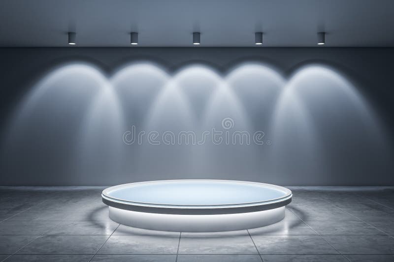 Circular Podium with Spotlights in a Minimalist Grey Room. 3D Rendering ...