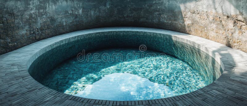 Circular Pool with Mosaic Bottom Surrounded by Stone Walls in a Serene ...