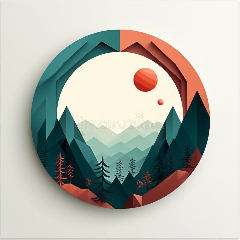 A Circular Poster with Mountains Trees and a Red Sun Stock Illustration ...