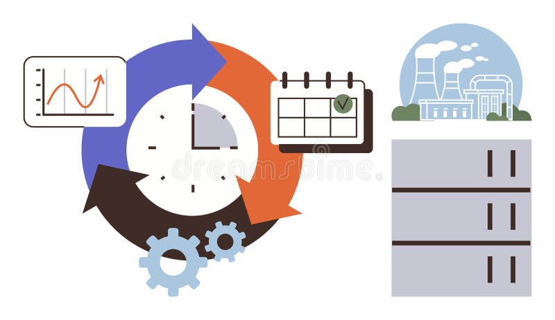 Circular Process Concept with Clock, Graph, Calendar, Industrial Plant ...