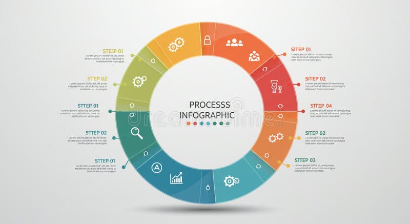 Circular Process Infographic Featuring a Color-coded, Segmented Design ...