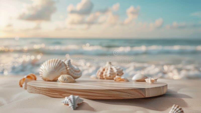 Circular Product Display Platform on Beach Sand with Seashells ...