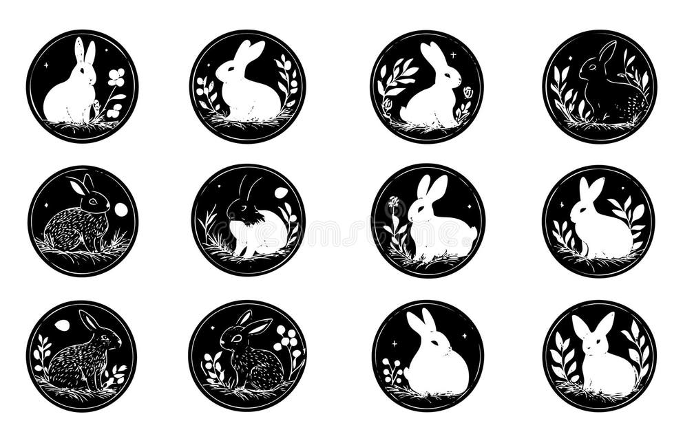 Circular Rabbit Designs: Black and White Patterns Featuring Floral and ...