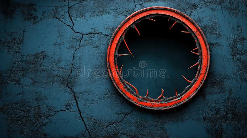 Circular Red Frame with Spikes on a Cracked Blue Wall Artistic Design ...