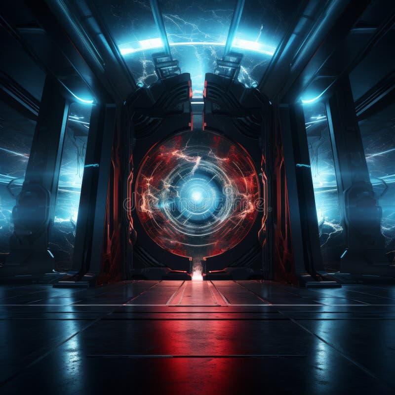 Circular Red and Lightblue Glowing Sci-fi Massive Door in Center of a ...