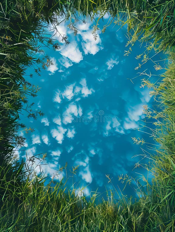 A Circular Reflection of the Sky and Clouds in a Pond Stock Photo ...