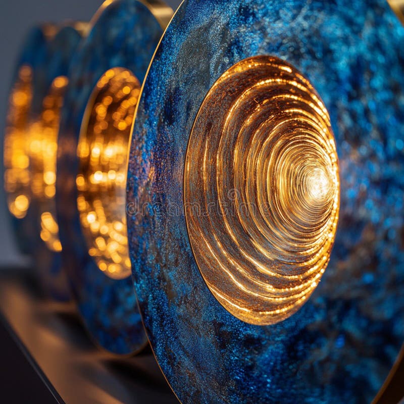 Circular Reflective Art Pieces with Deep Blue Tones and Warm Golden ...