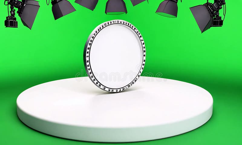 A Circular Reflective Object is Showcased on a White Podium Under ...